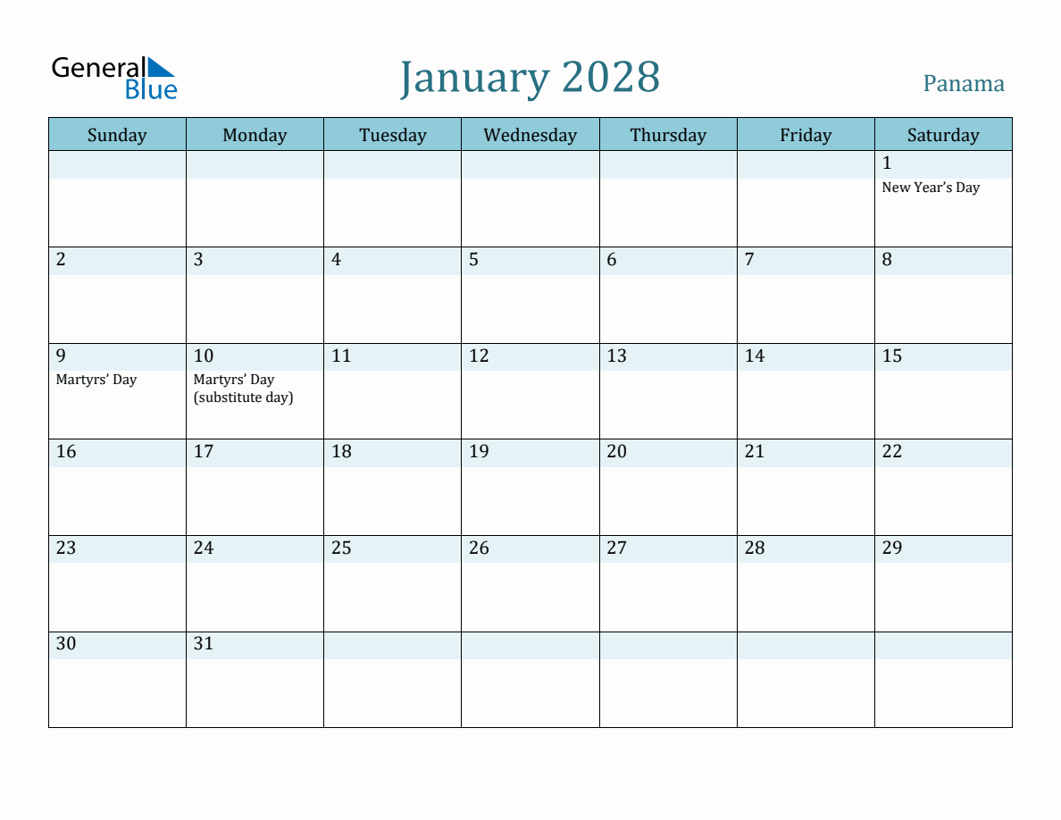 Panama Holiday Calendar for January 2028