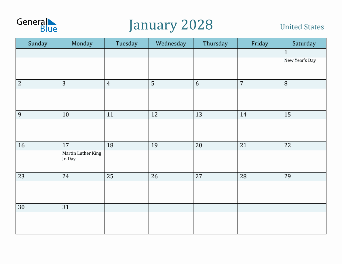 United States Holiday Calendar for January 2028