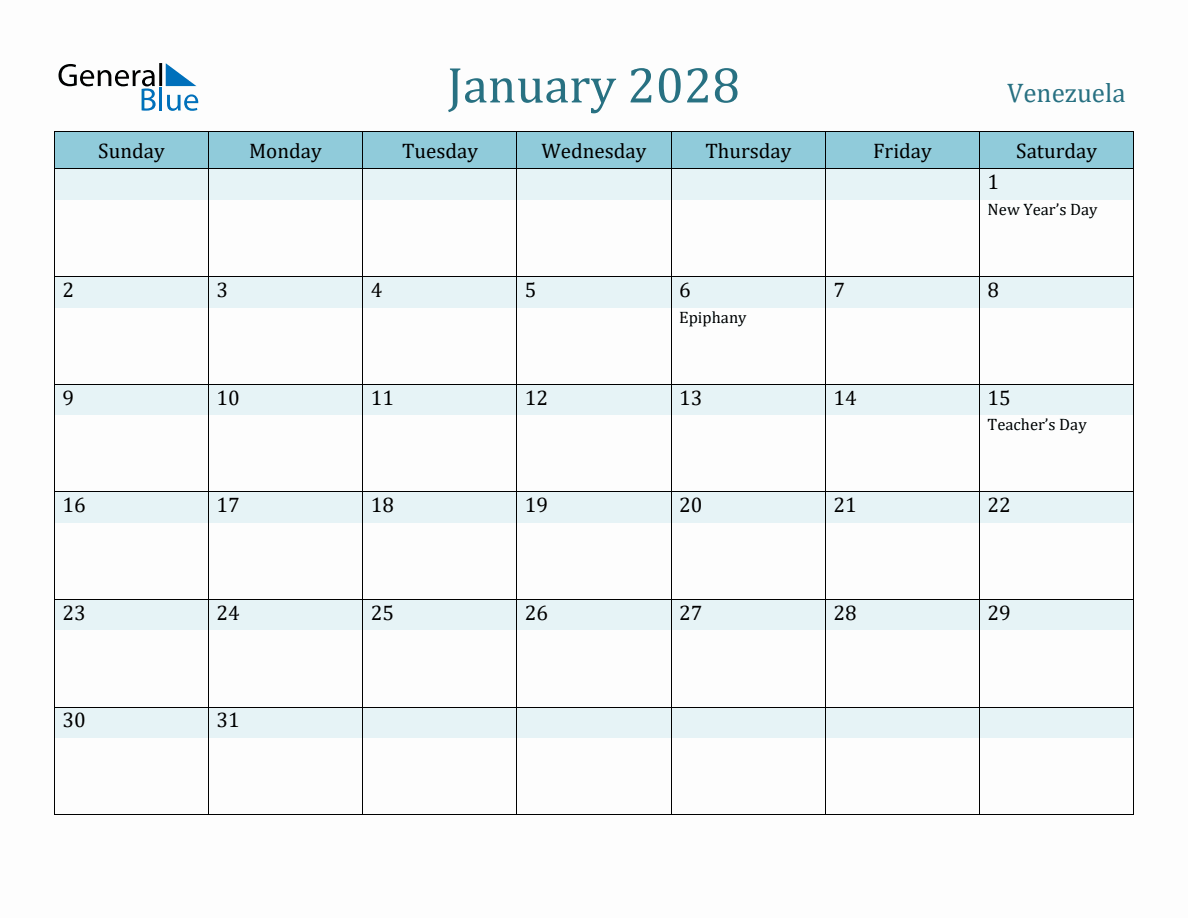 Venezuela Holiday Calendar for January 2028