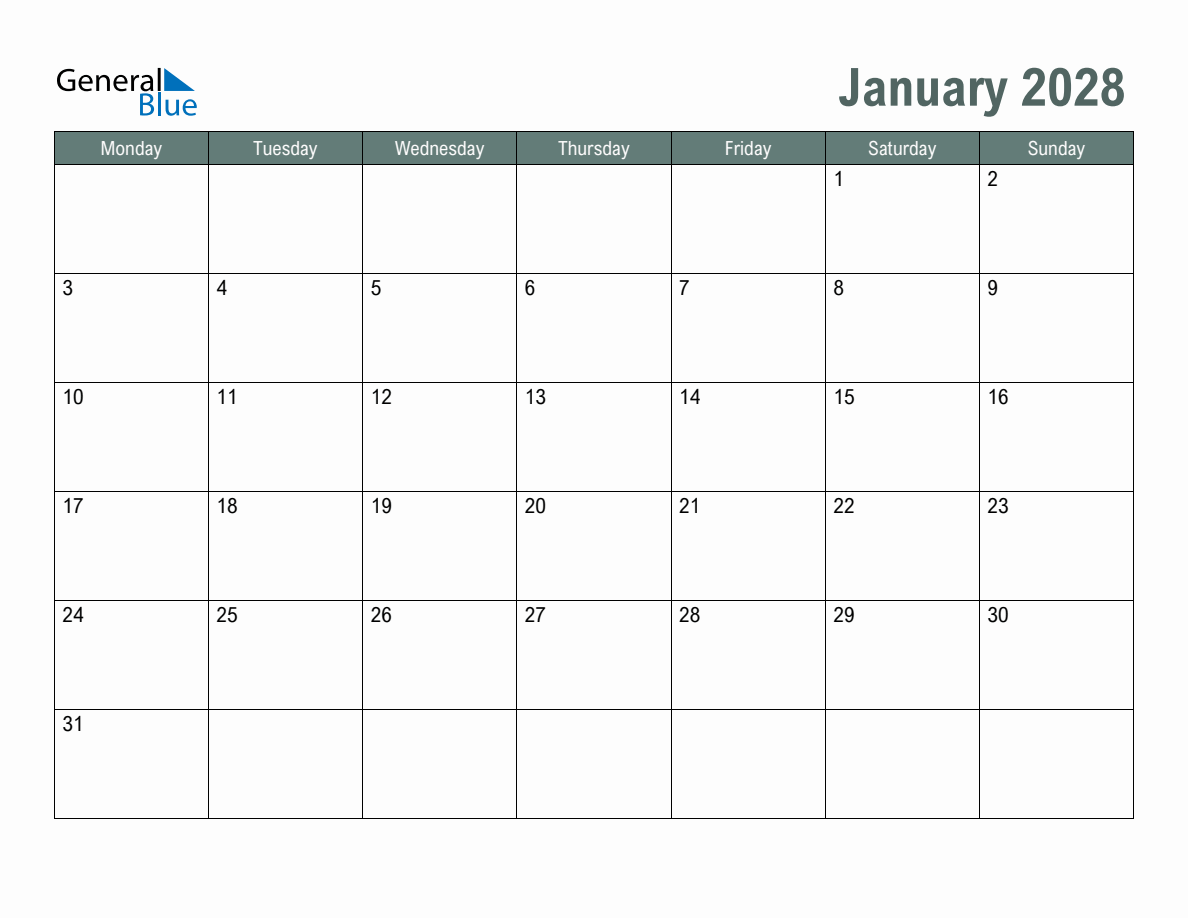 Blank January 2028 Monthly Calendar Template - Monday Start