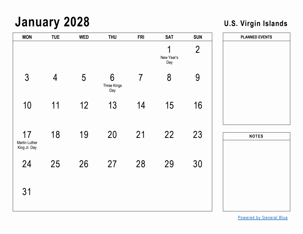 January 2028 Planner with U.S. Virgin Islands Holidays (Monday Start)