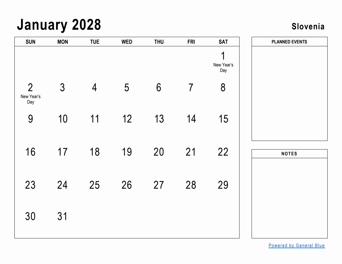 January 2028 Planner with Slovenia Holidays