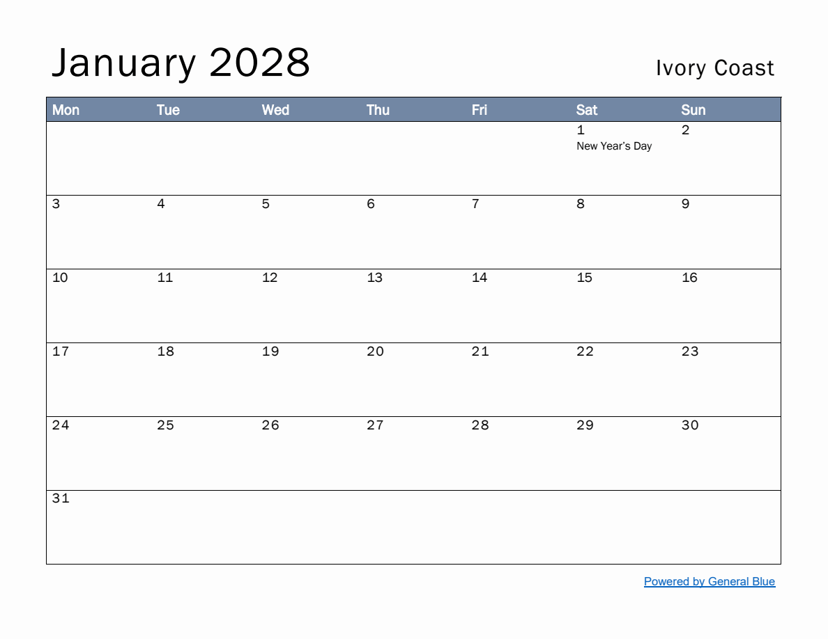 Free Monthly Calendar Template for January 2028 with Ivory Coast ...