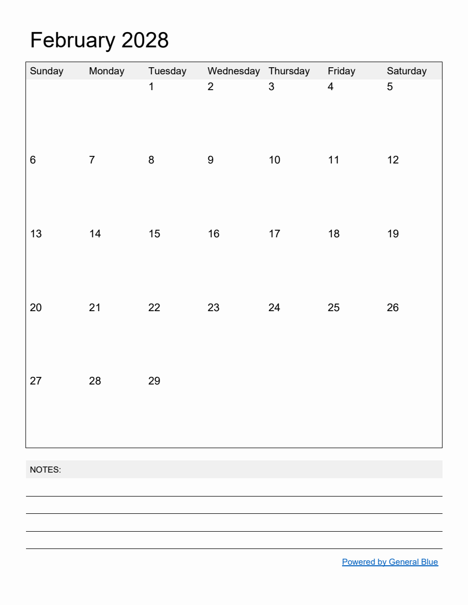 Free Printable Monthly Calendar for February 2028