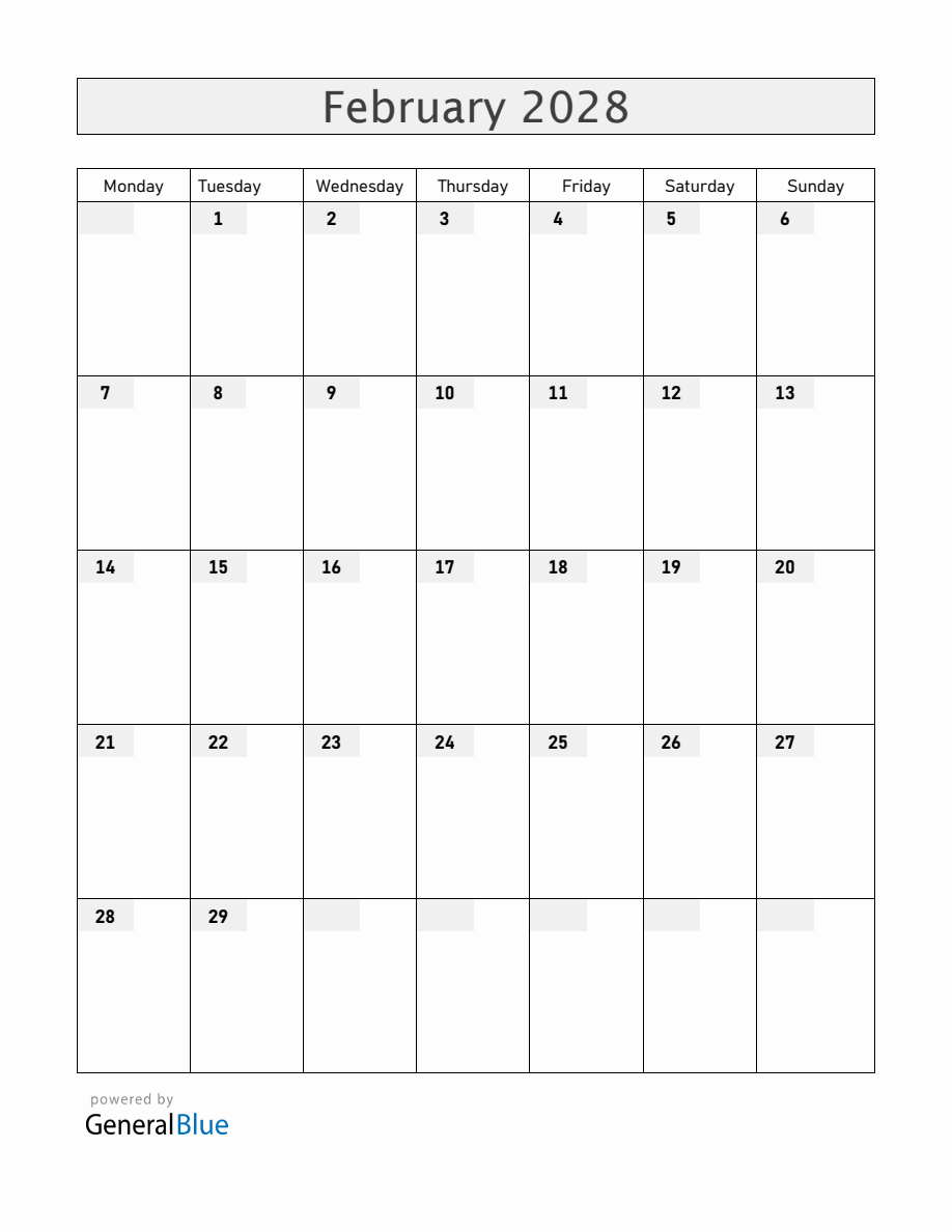 Blank February 2028 Calendar - Monday Start