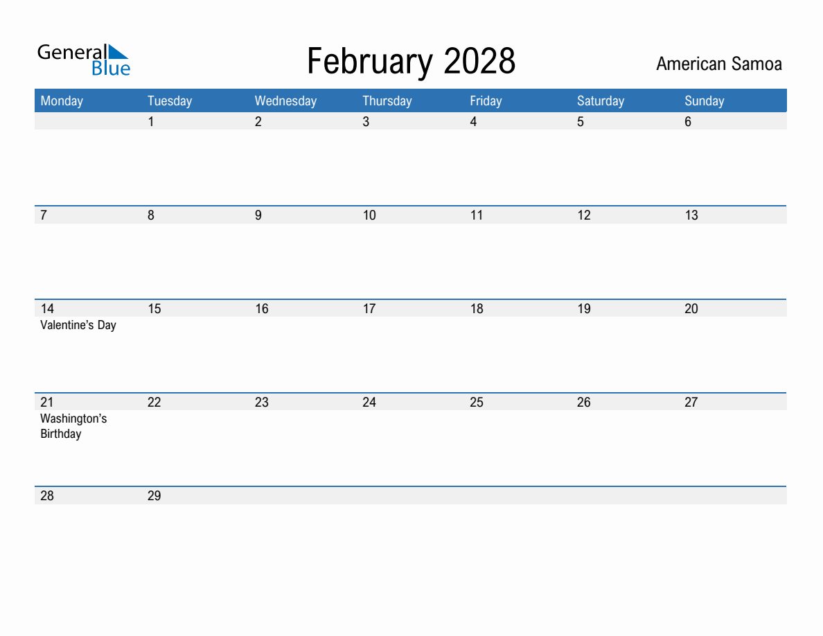 Editable February 2028 Calendar with American Samoa Holidays (Monday Start)