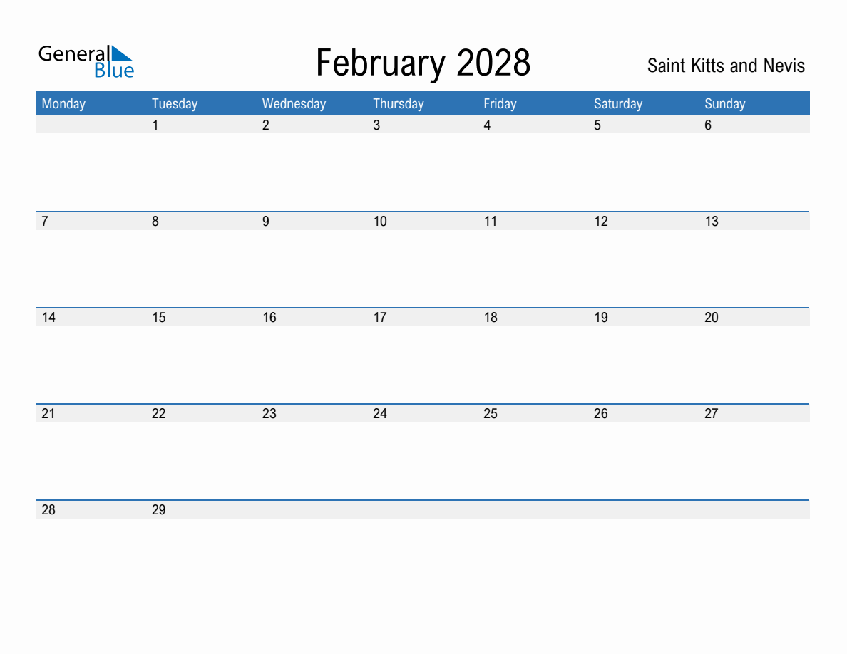 Editable February 2028 Calendar with Saint Kitts and Nevis Holidays ...