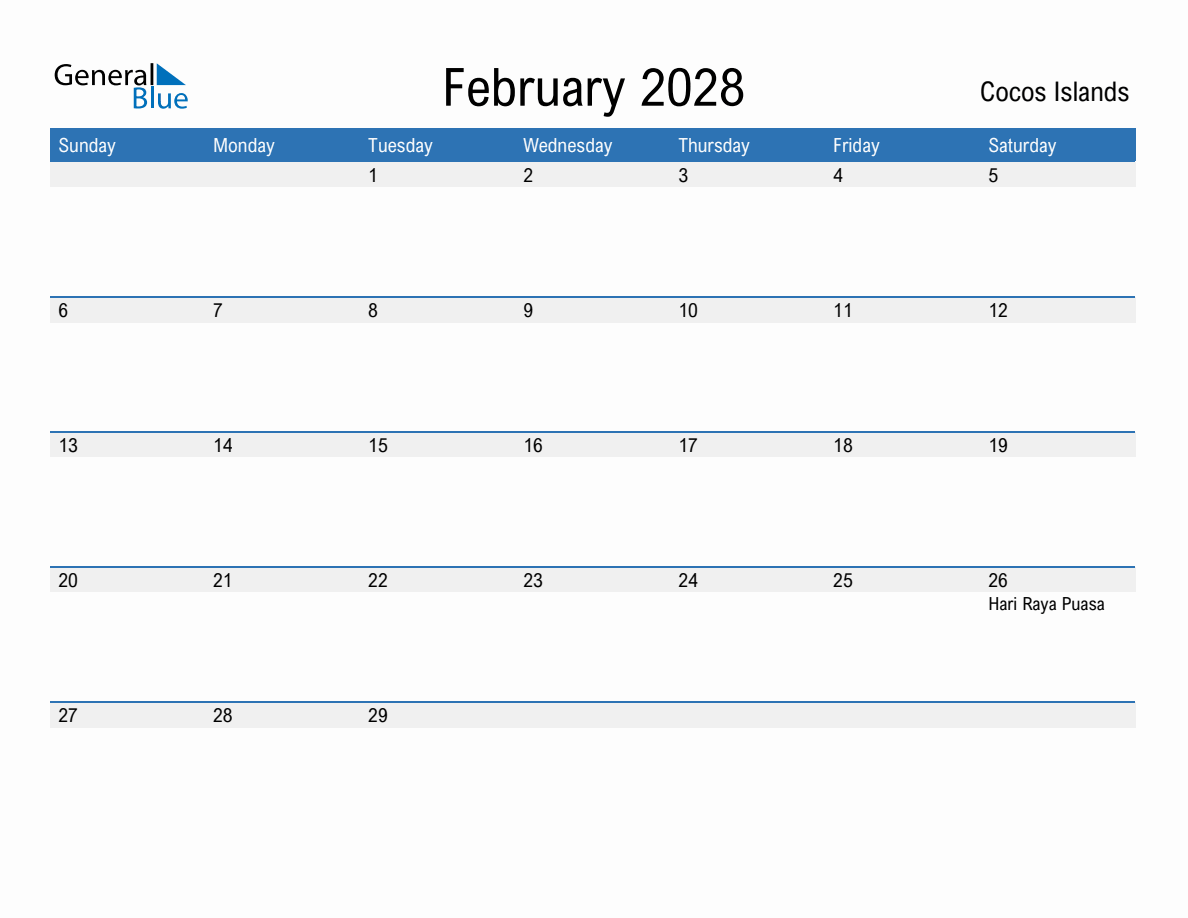 Editable February 2028 Calendar with Cocos Islands Holidays