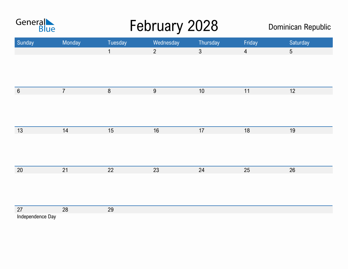Editable February 2028 Calendar with Dominican Republic Holidays