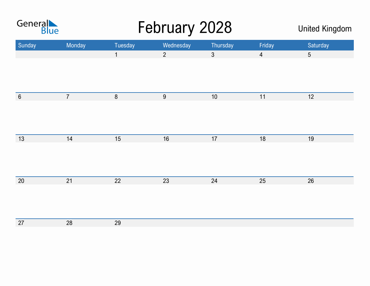 February 2028 Monthly Calendars with United Kingdom Holidays