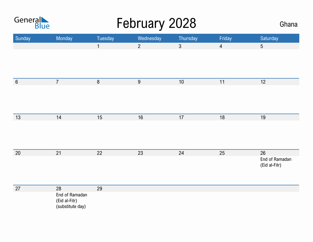 Editable February 2028 Calendar with Ghana Holidays
