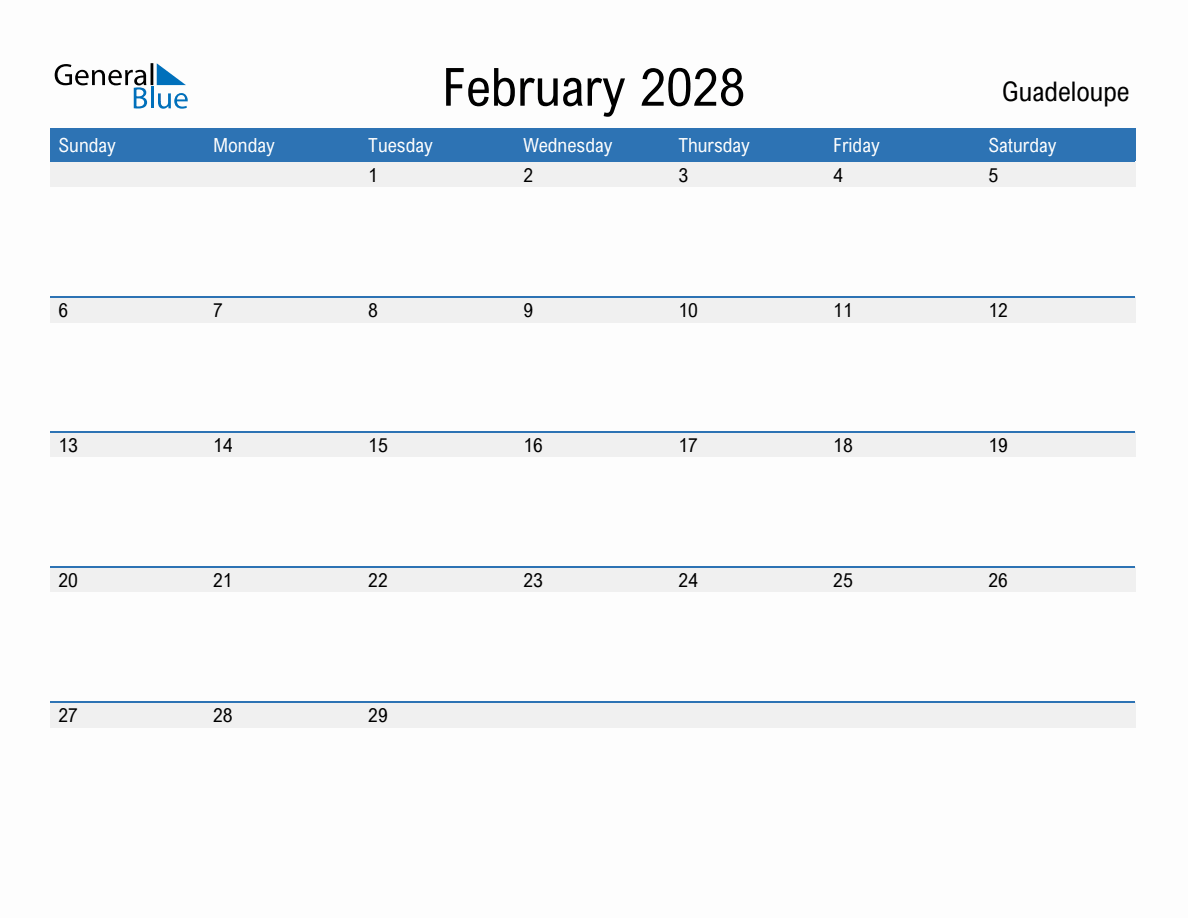 Editable February 2028 Calendar with Guadeloupe Holidays