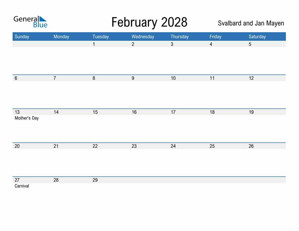 Editable February 2028 Calendar with Svalbard and Jan Mayen Holidays