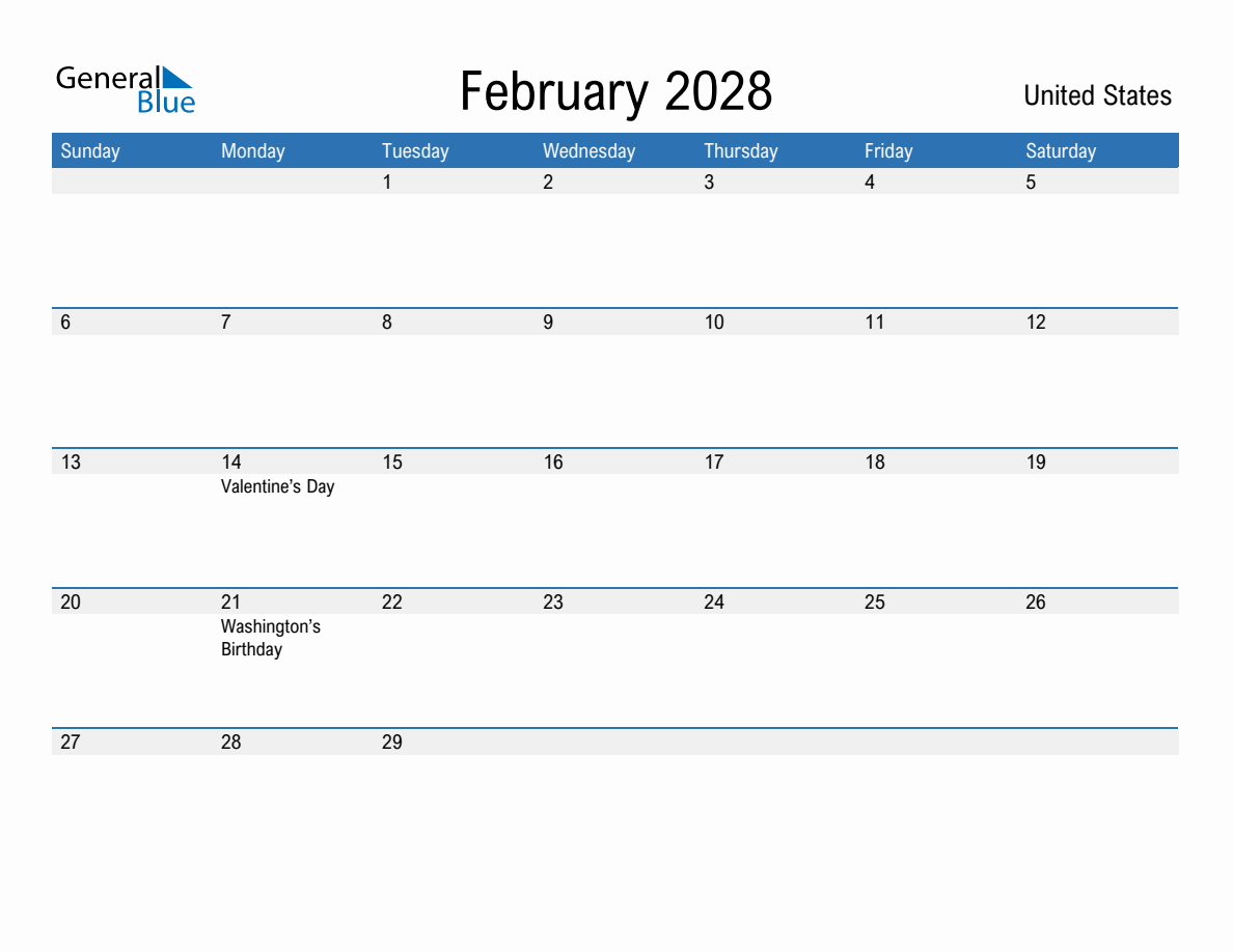 February 2028 Monthly Calendars with United States Holidays