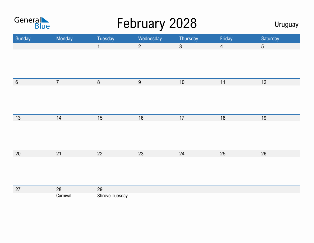 February 2028 Monthly Calendars with Uruguay Holidays