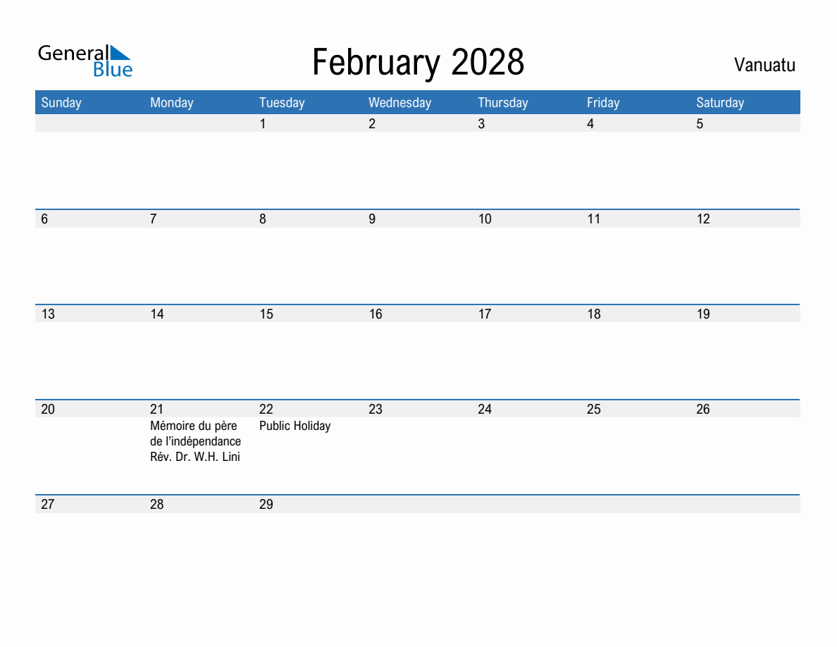 Editable February 2028 Calendar with Vanuatu Holidays