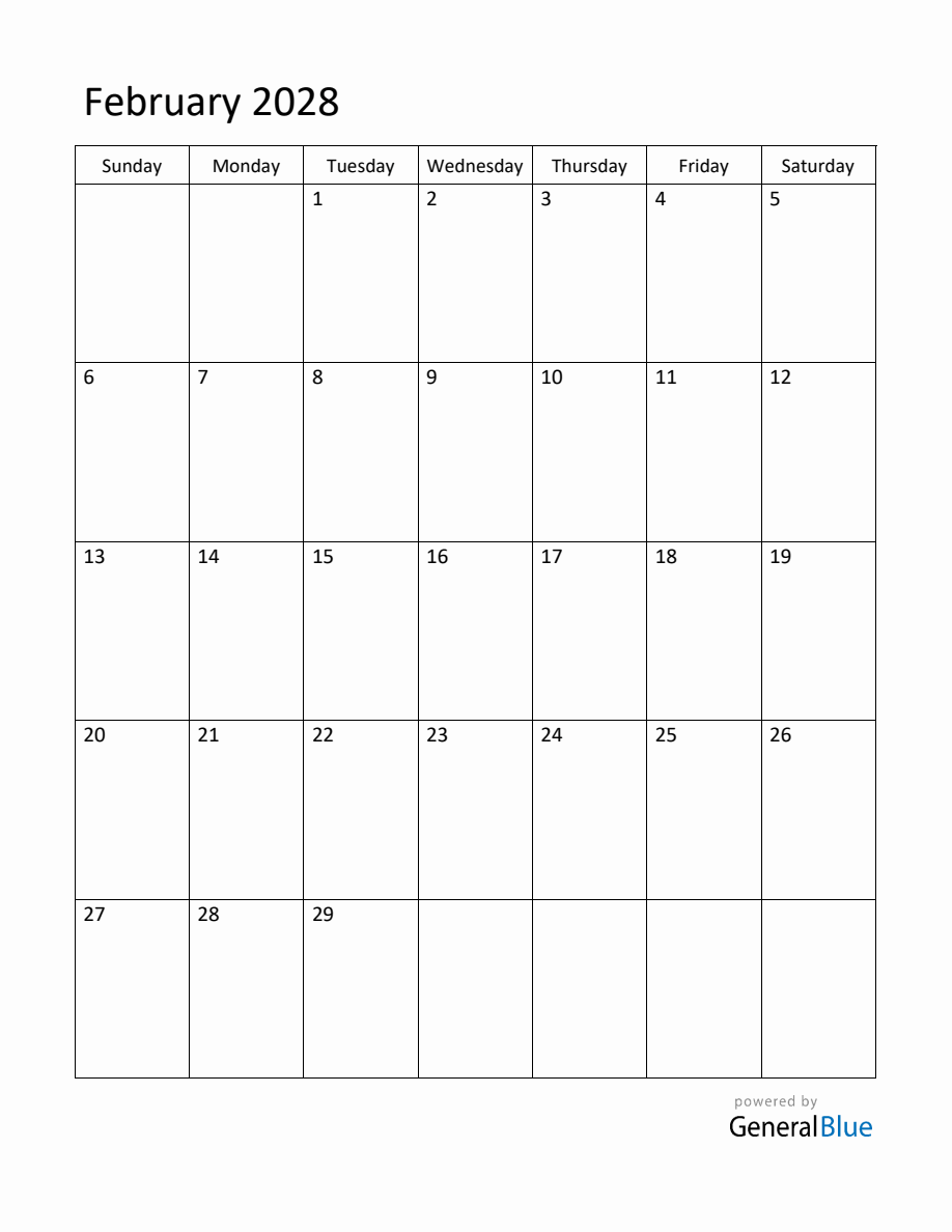 Editable February 2028 Monthly Calendar