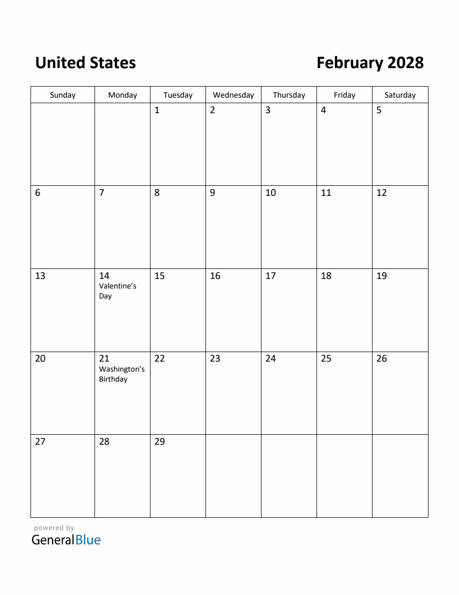 Free Printable February 2028 Calendar for United States