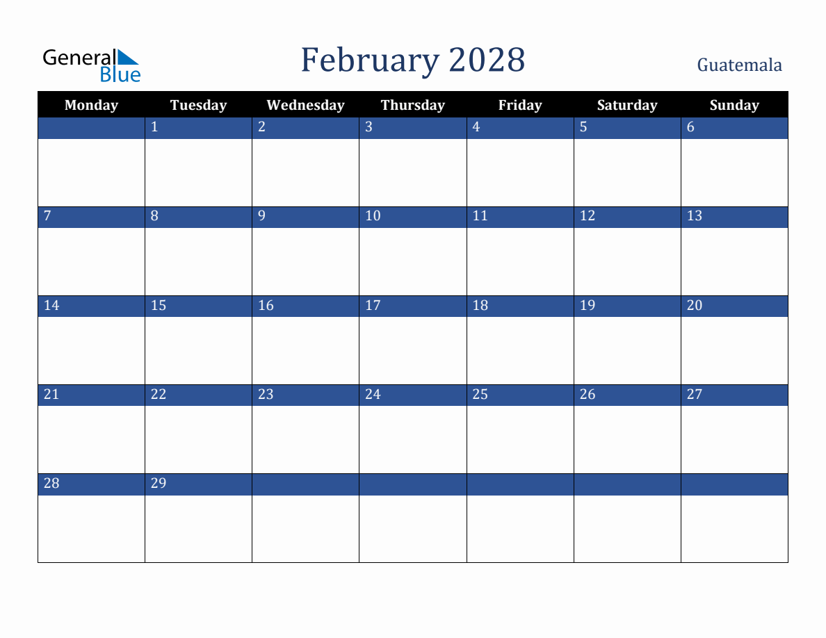 February 2028 Guatemala Holiday Calendar