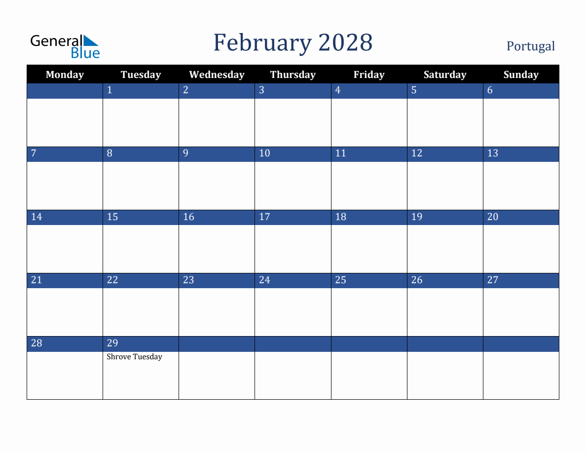 February 2028 Portugal Holiday Calendar