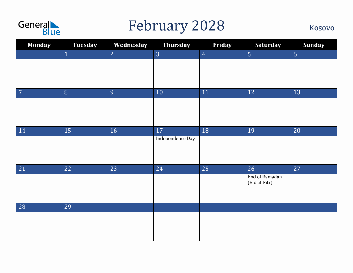 February 2028 Kosovo Holiday Calendar