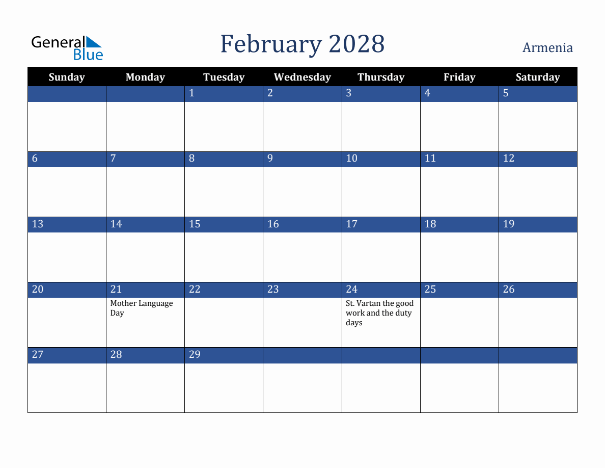 February 2028 Armenia Holiday Calendar