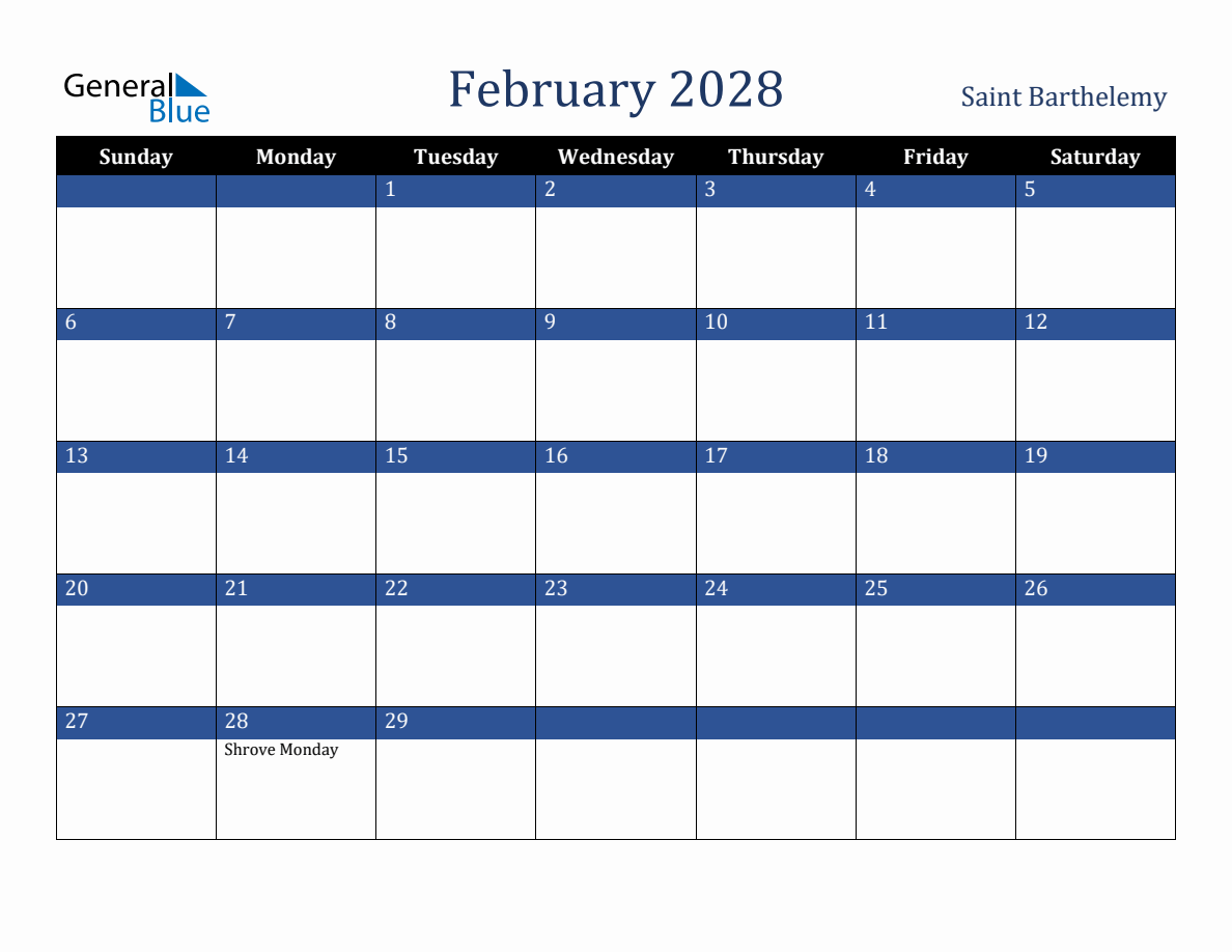 February 2028 Saint Barthelemy Holiday Calendar