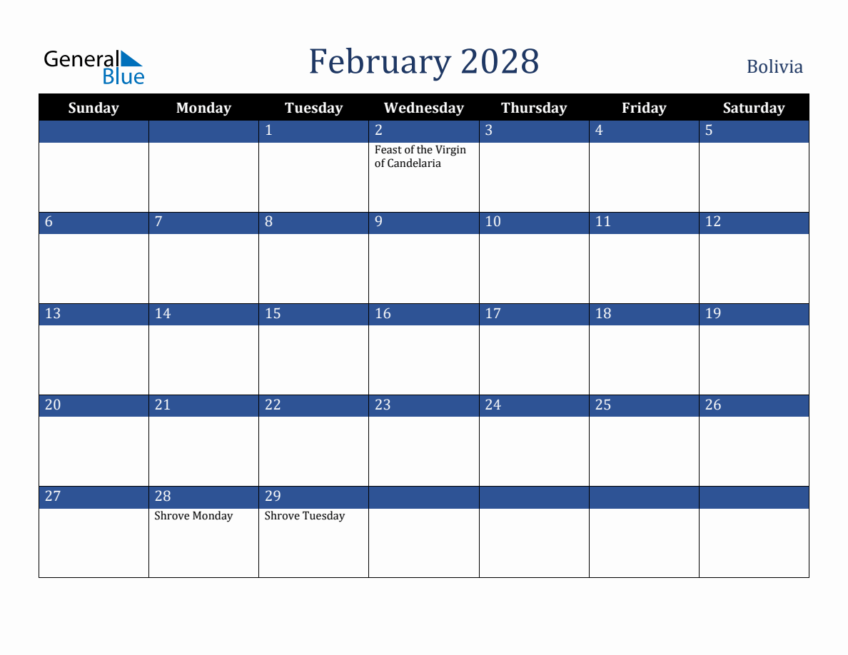 February 2028 Bolivia Holiday Calendar