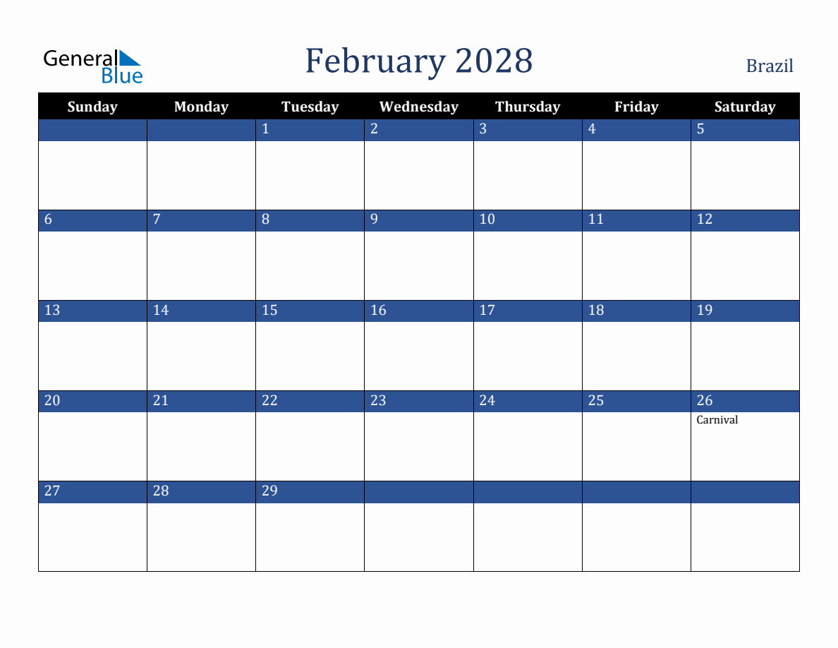 February 2028 Brazil Holiday Calendar