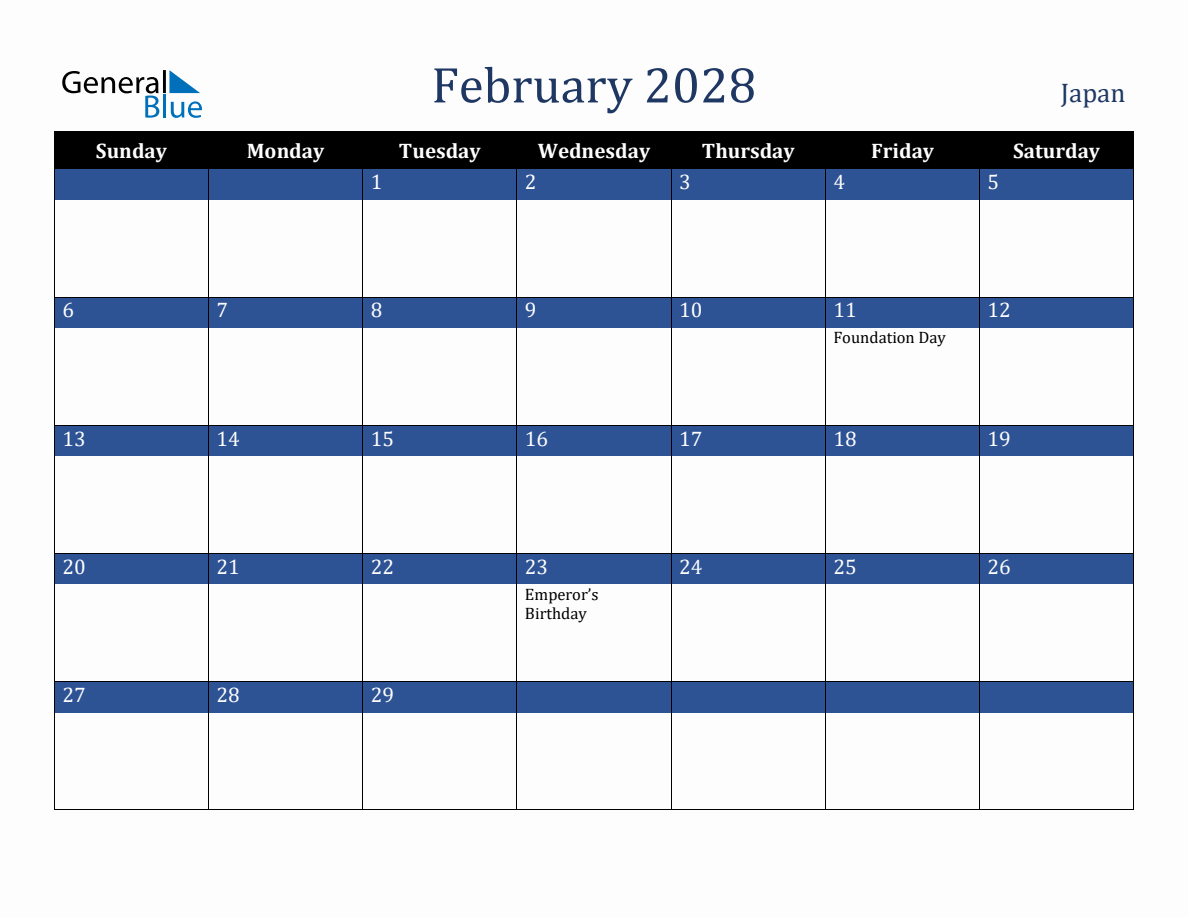 February 2028 Japan Holiday Calendar