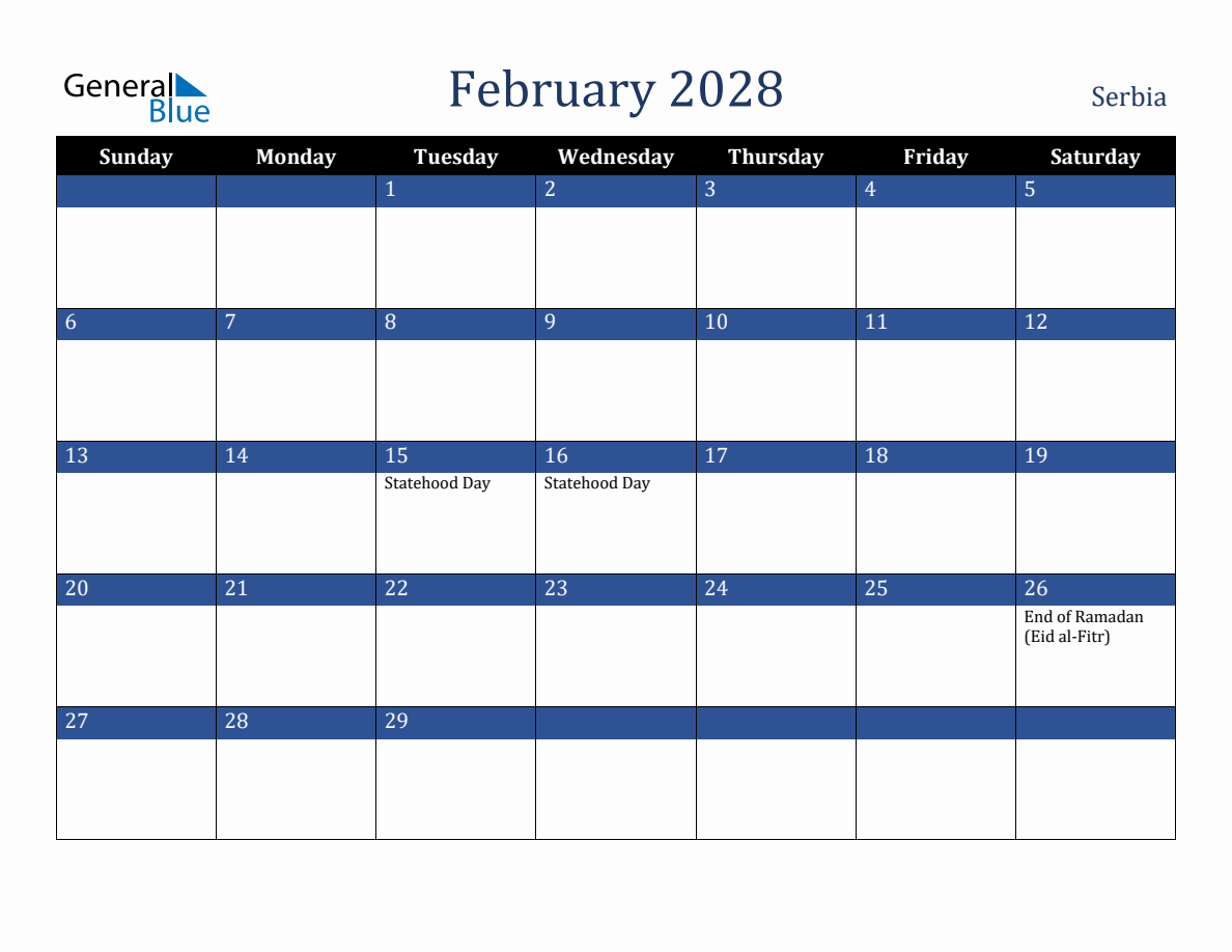 February 2028 Serbia Holiday Calendar
