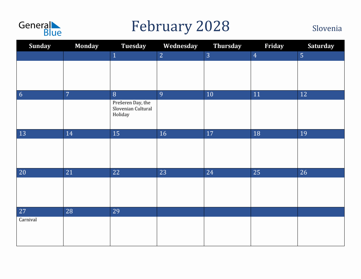 February 2028 Slovenia Holiday Calendar
