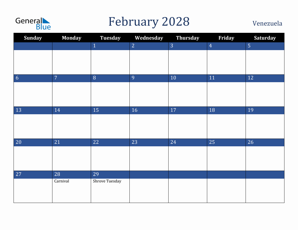 February 2028 Venezuela Holiday Calendar