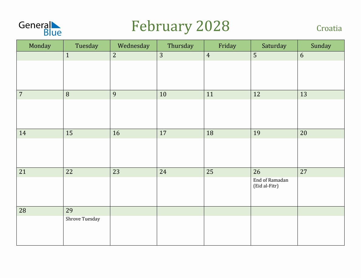 Fillable Holiday Calendar for Croatia - February 2028
