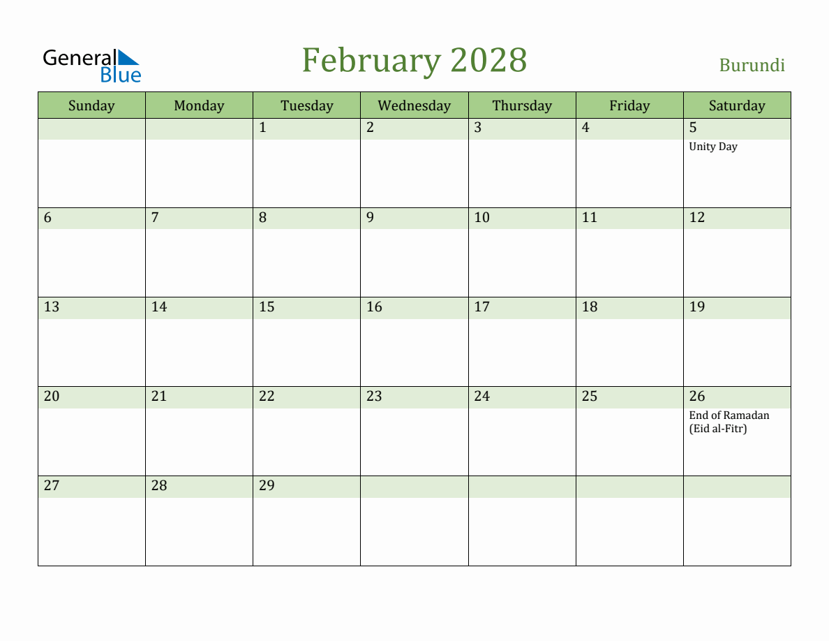 Fillable Holiday Calendar for Burundi - February 2028