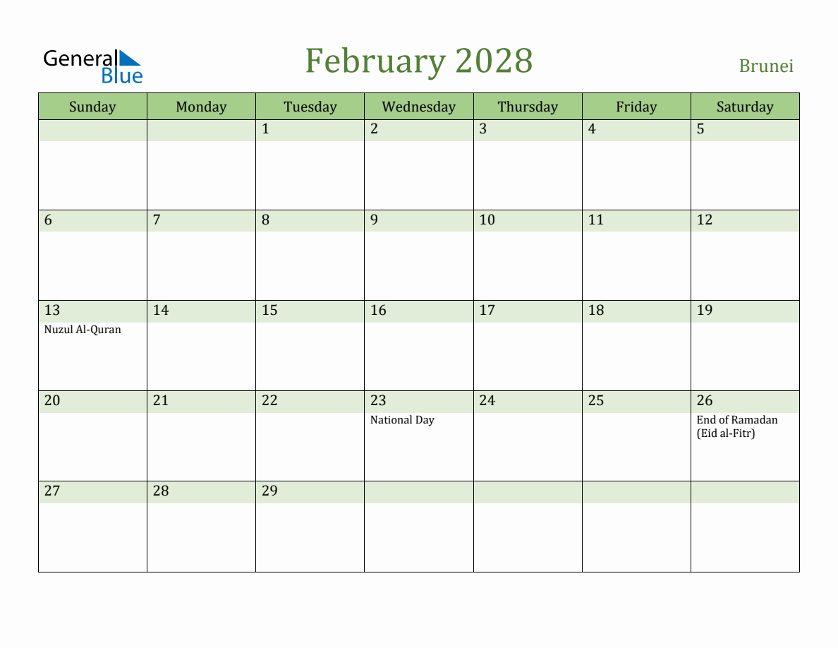 Fillable Holiday Calendar for Brunei - February 2028