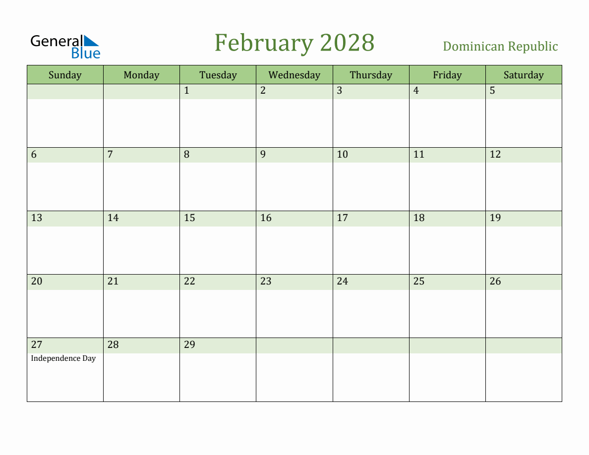 Fillable Holiday Calendar for Dominican Republic - February 2028