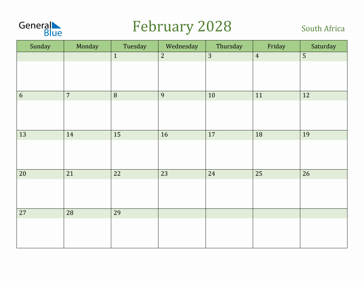 Fillable Holiday Calendar for South Africa - February 2028