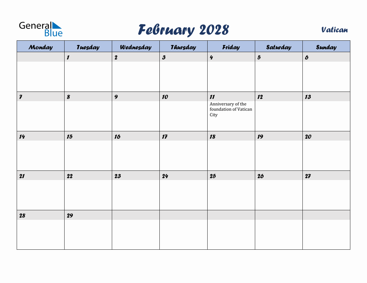 February 2028 Monthly Calendar Template with Holidays for Vatican ...