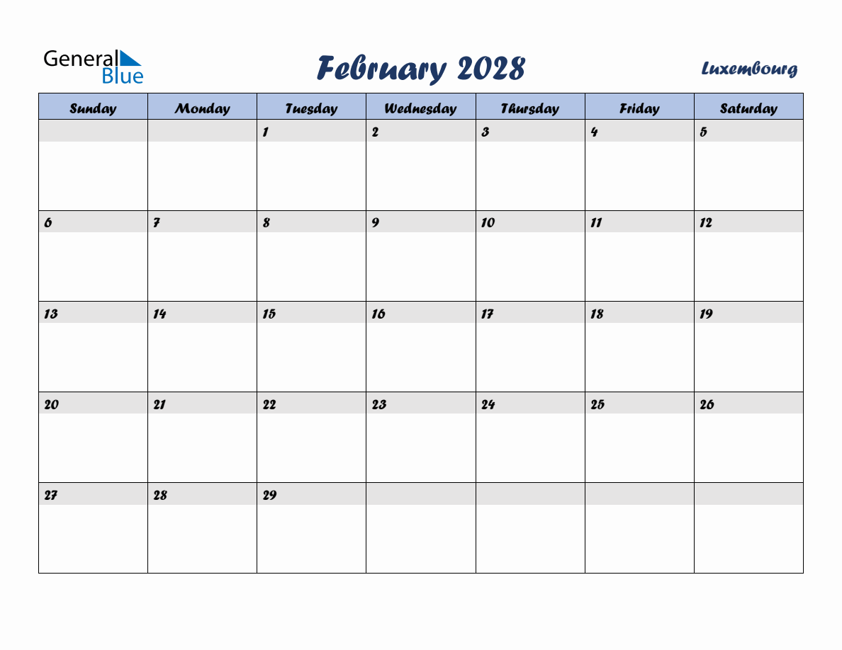 February 2028 Monthly Calendar Template with Holidays for Luxembourg