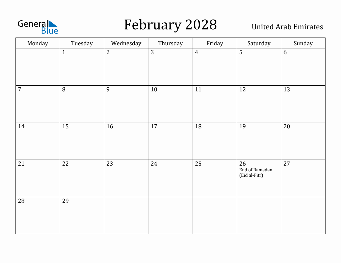 United Arab Emirates Monthly Calendar - February 2028 (Monday Start)