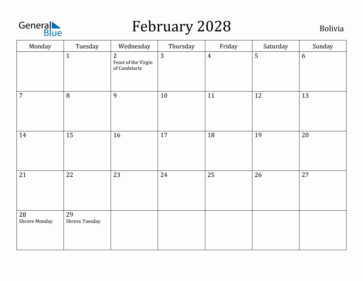 February 2028 - Bolivia Monthly Calendar with Holidays
