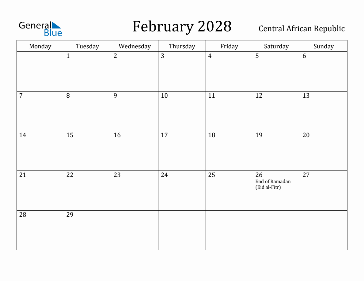 Central African Republic Monthly Calendar - February 2028 (Monday Start)