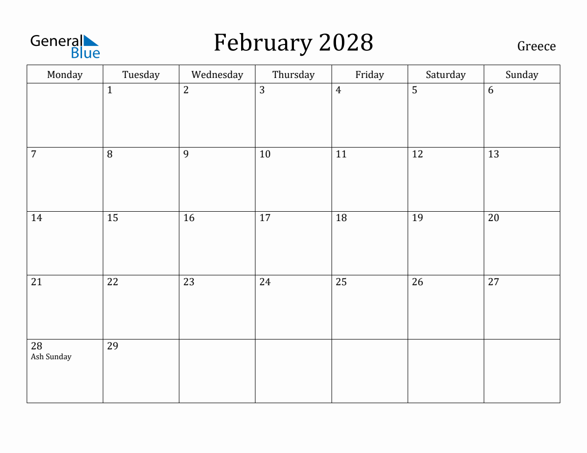 February 2028 Monthly Calendar with Greece Holidays (Monday Start)