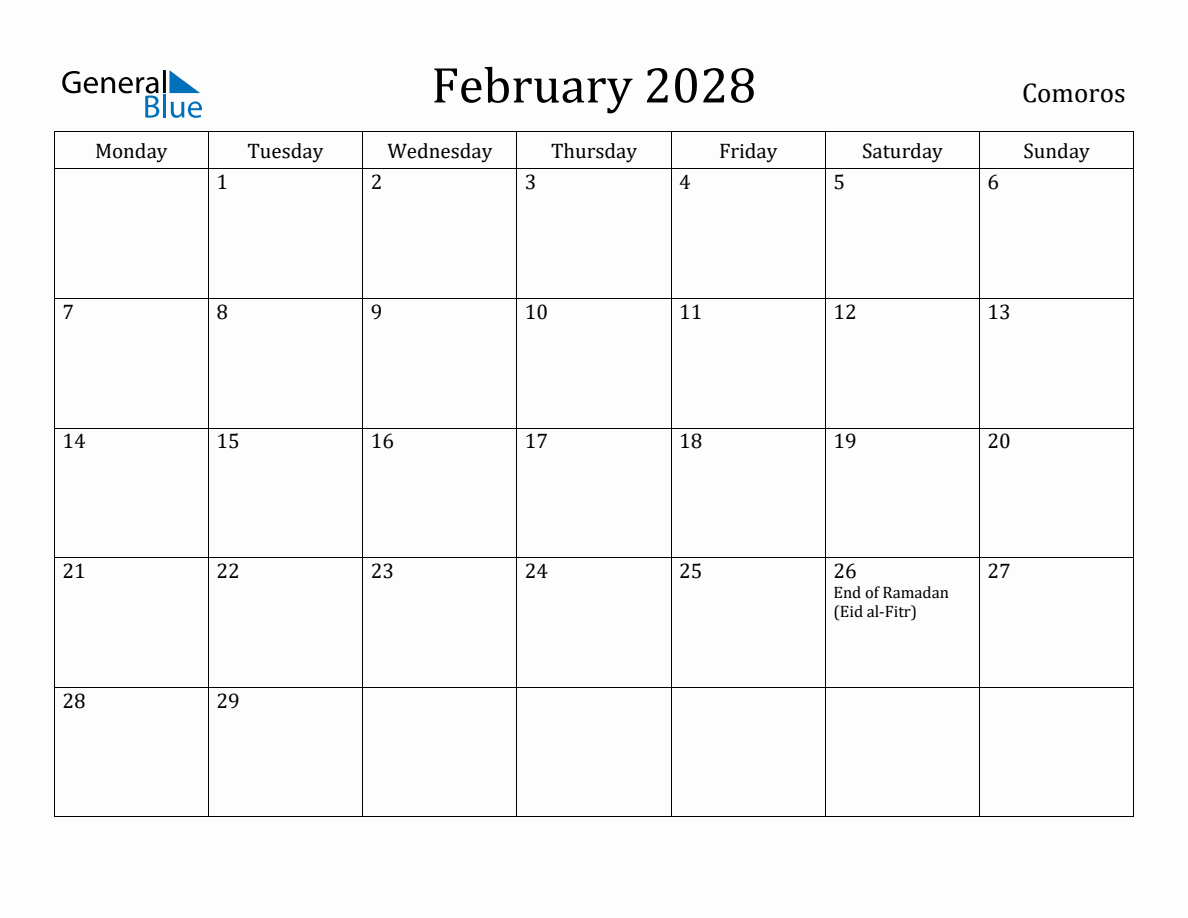 Comoros Monthly Calendar - February 2028 (Monday Start)