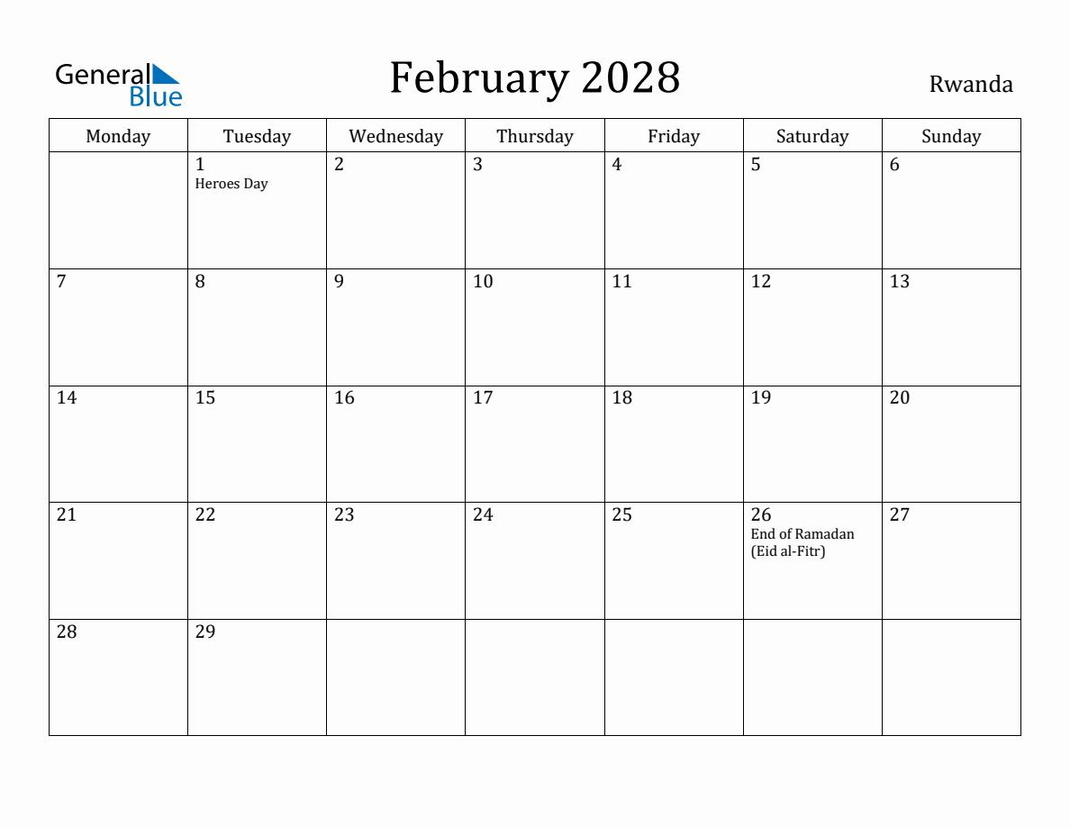 February 2028 Monthly Calendar with Rwanda Holidays