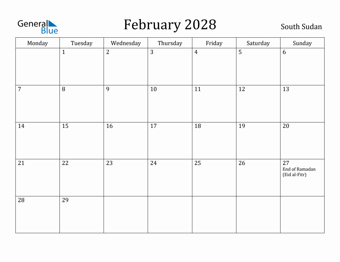 February 2028 Monthly Calendar with South Sudan Holidays