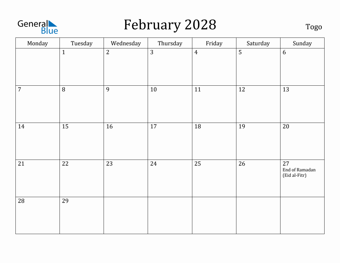 February 2028 - Togo Monthly Calendar with Holidays