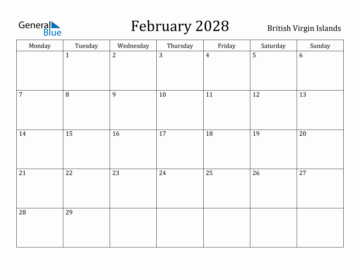 British Virgin Islands Monthly Calendar - February 2028 (Monday Start)