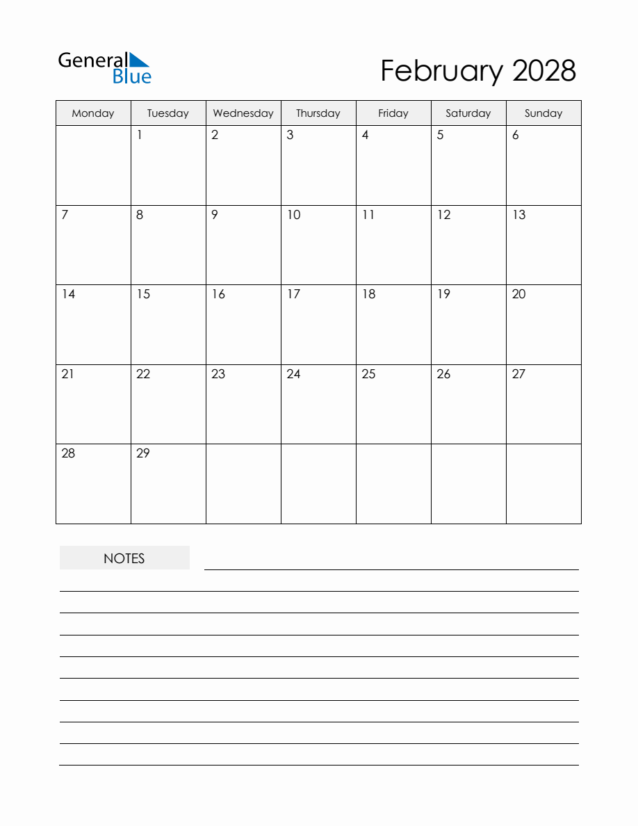 February 2028 Monthly Planner Calendar - Monday Start